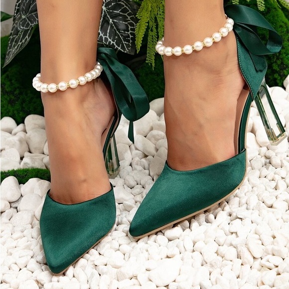 Shoes | Emerald Green Satin Pearl Pumps | Poshmark
